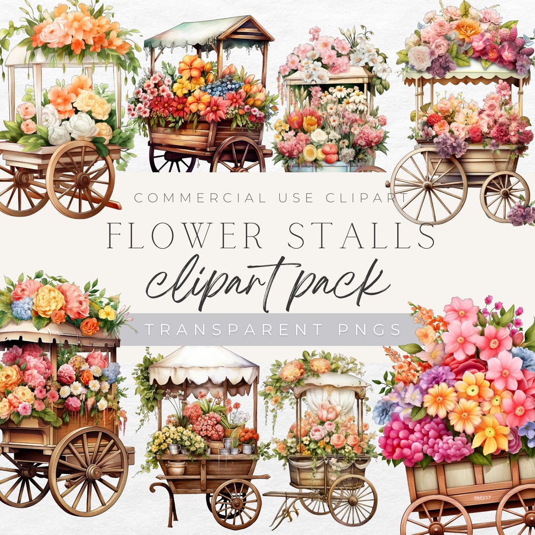 Floral Cart Clipart, Flower Market Watercolor Flowers, Floral Stall ...