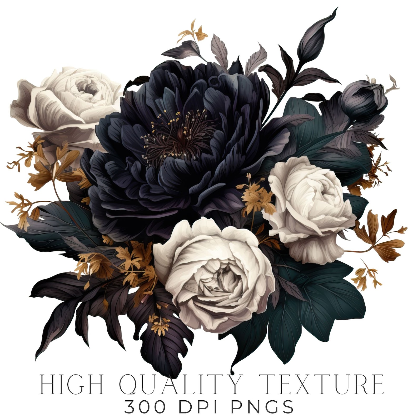 Dark Moody Clipart, Moody Gothic Flower Elements, Commercial Use, Black ...