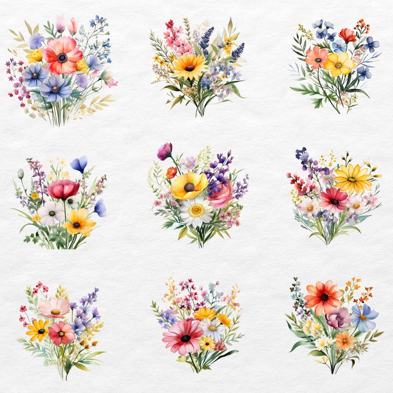 Boho Wildflower Bouquet Clipart, Watercolor Clip Art Wildflowers ...