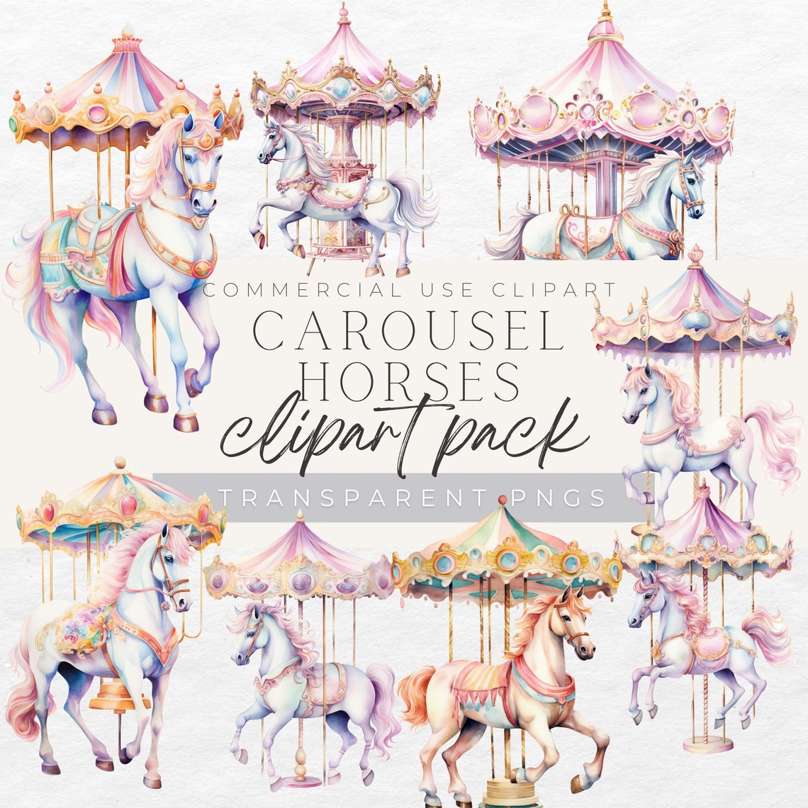 Carousel Horse Clipart, Watercolor Carousel Birthday Clipart, Nursery ...