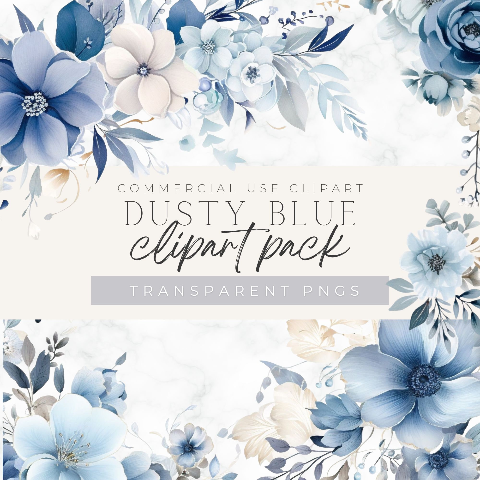 Dusty Blue Floral Border Clipart Premade Clipart Png Blue Floral Flower ...