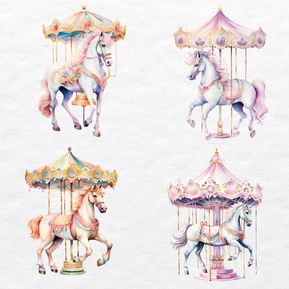 Carousel Horse Clipart, Watercolor Carousel Birthday Clipart, Nursery ...