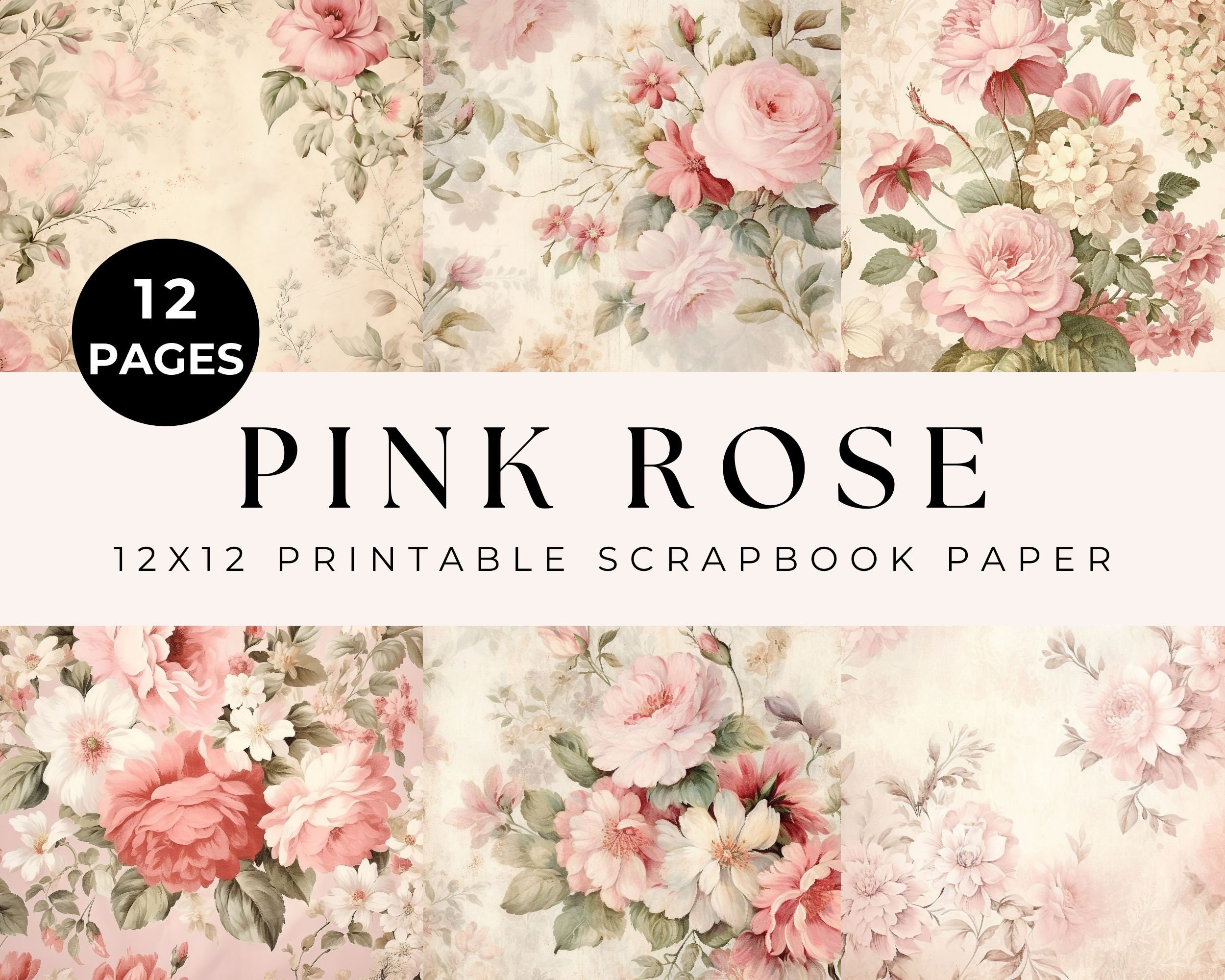 Rose Digital Paper Collection, Floral Bundle, Pink Graphics Set ...