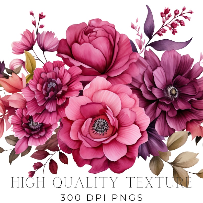 Magenta Flowers Clipart, Commercial Use, Instant Download, Watercolor ...