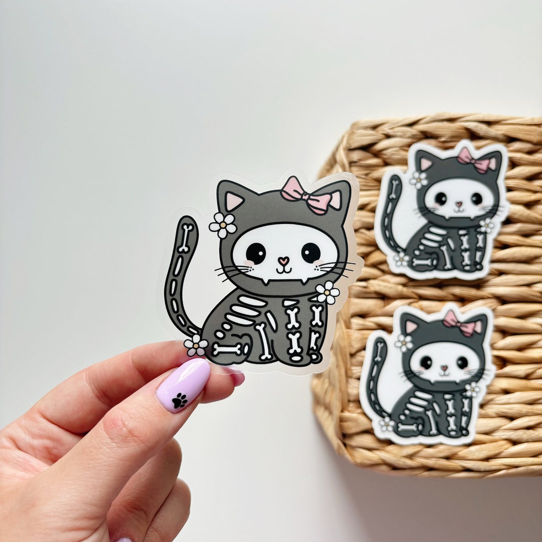 Skeleton Kitty Sticker, Halloween Cat Sticker, Spooky Cat Sticker, Cute ...