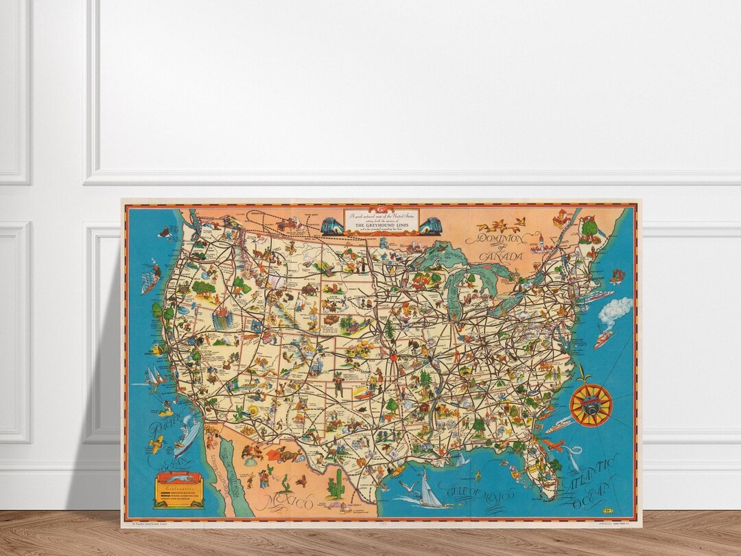 Map of the United States Greyhound Bus Lines 1935 Vintage 30s Poster ...