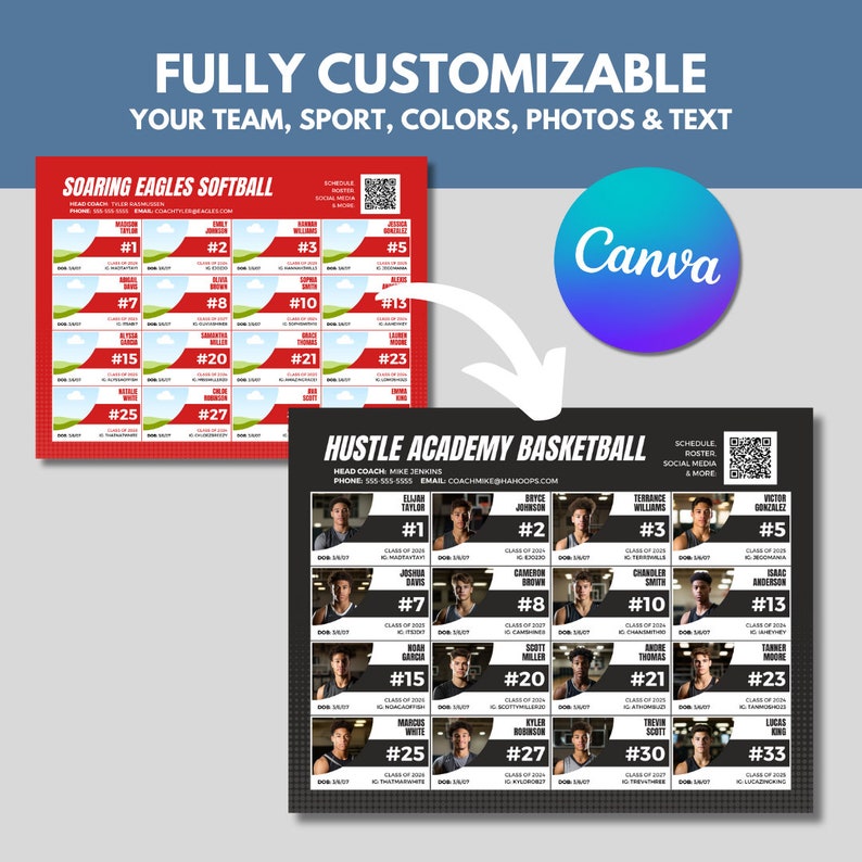 Travel Team Recruit Roster, Canva Template, 16 Players, Customizable ...