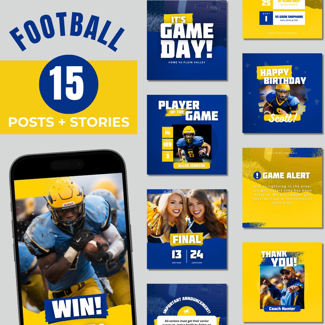 Football Instagram Templates: Blue & Yellow Social Media Bundle (canva ...