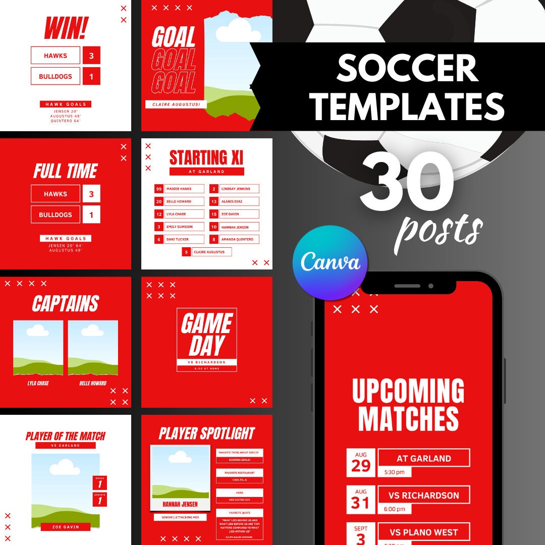 Soccer Social Media Templates, Canva Templates, Red, Easy Edits ...