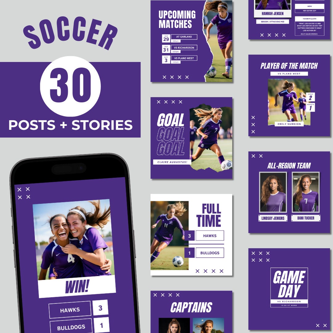 Soccer Canva Templates, Soccer Social Media, Purple Team, Soccer Canva ...