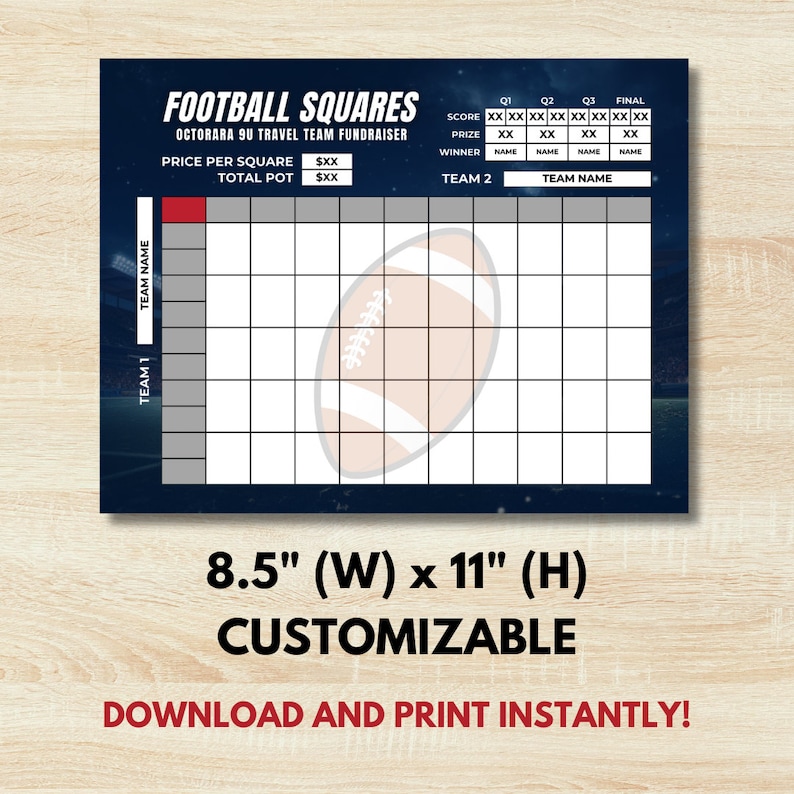 Football Squares Fundraiser Template: 50/100 Squares (digital Download ...