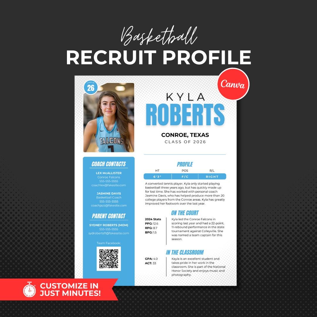 Basketball Recruit Profile Canva Template, High School Player, Mailer ...