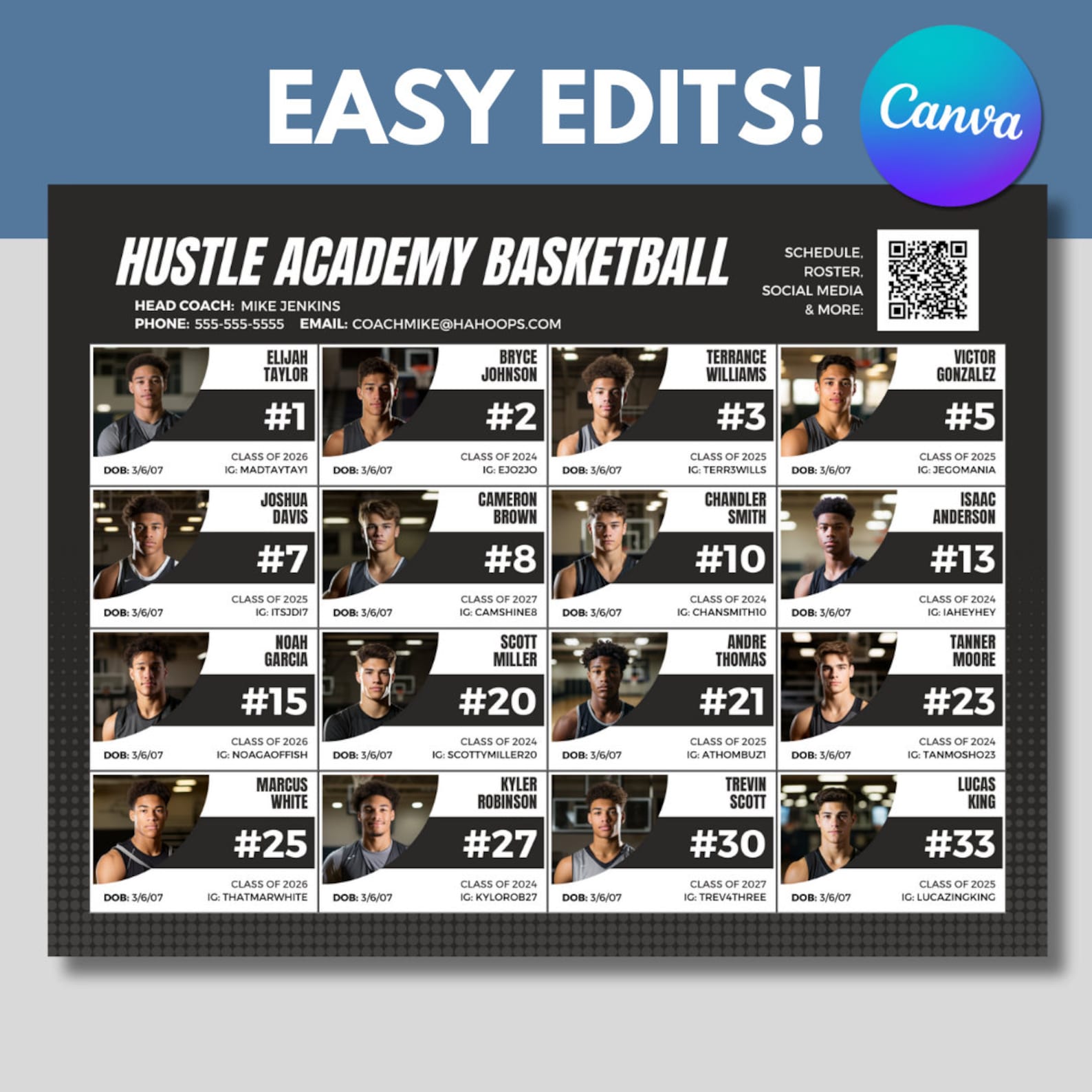 Team Recruit Roster Template: Customizable Athlete Profile (canva ...