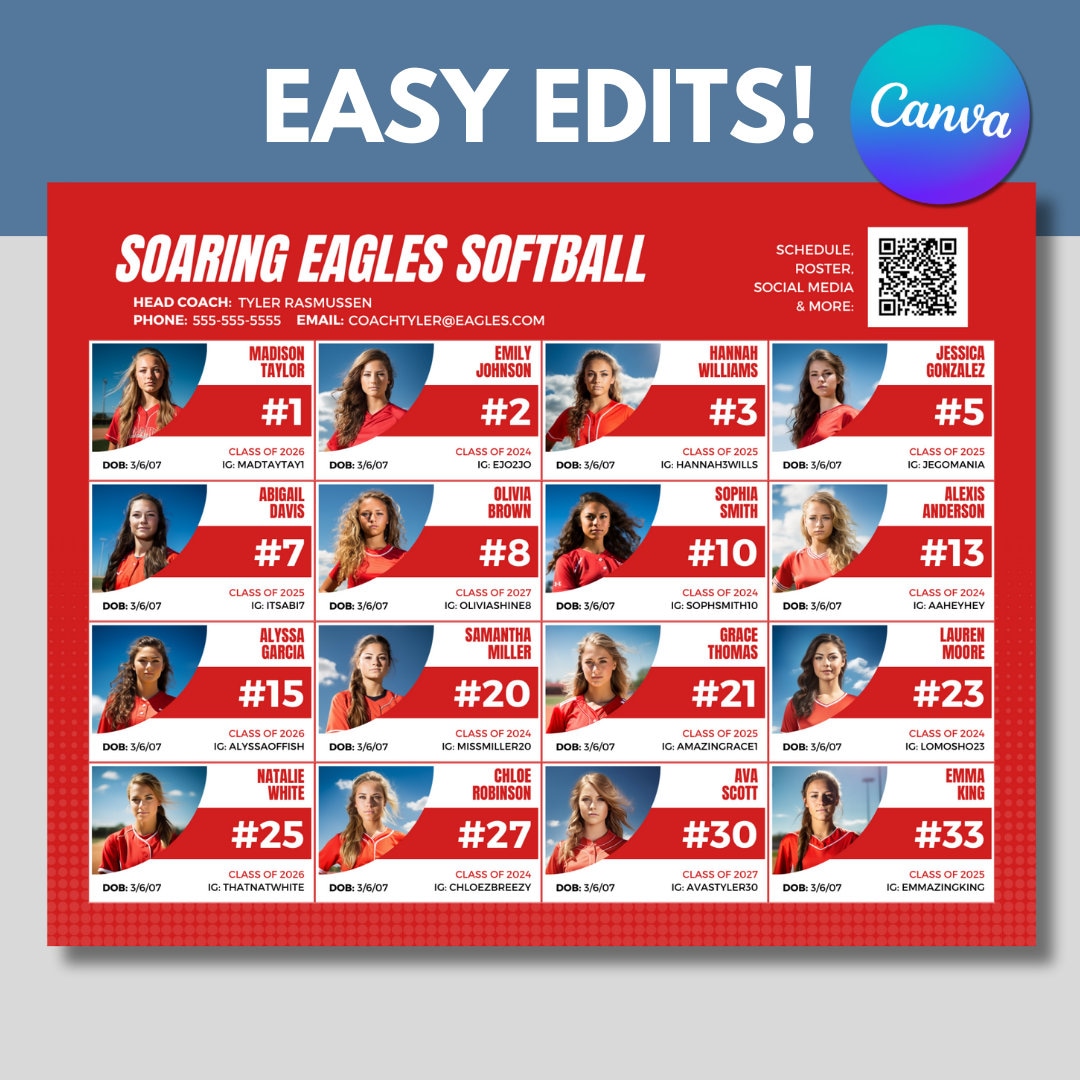 Team Recruit Roster Canva Template: Any Sport, 16 Players (digital ...