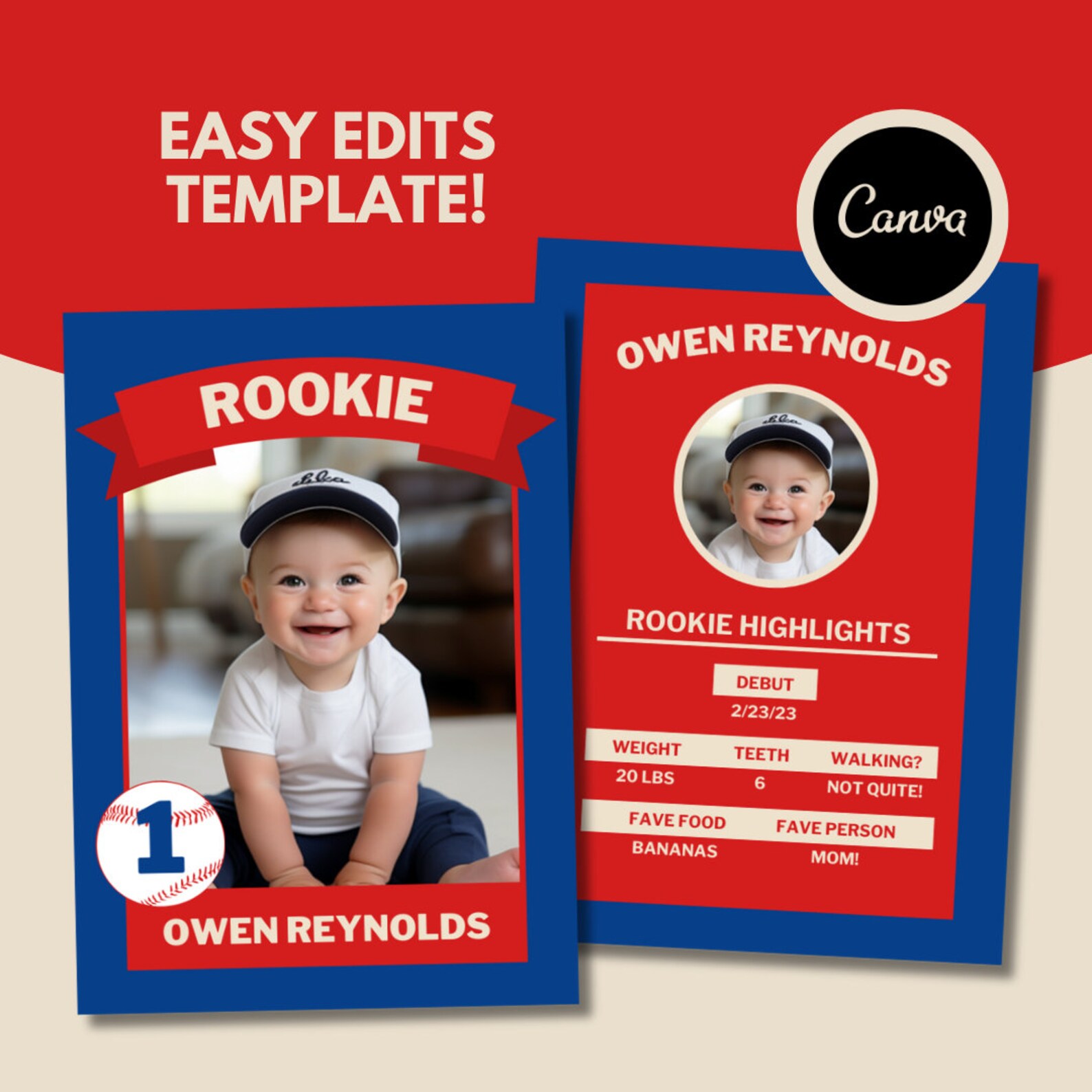 Baby Rookie Card Template: Baseball 1st Birthday (canva Edit) - Etsy
