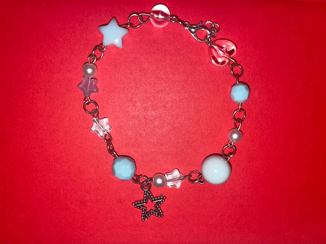 Aesthetic Blue Star Bracelet W/ Silver Chain and Link, Hearts, Pearls ...