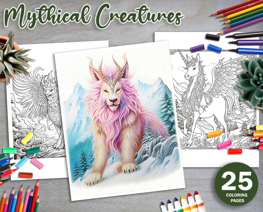 25 Pages of Mythical Creatures, Adult Coloring Book for Relaxation ...