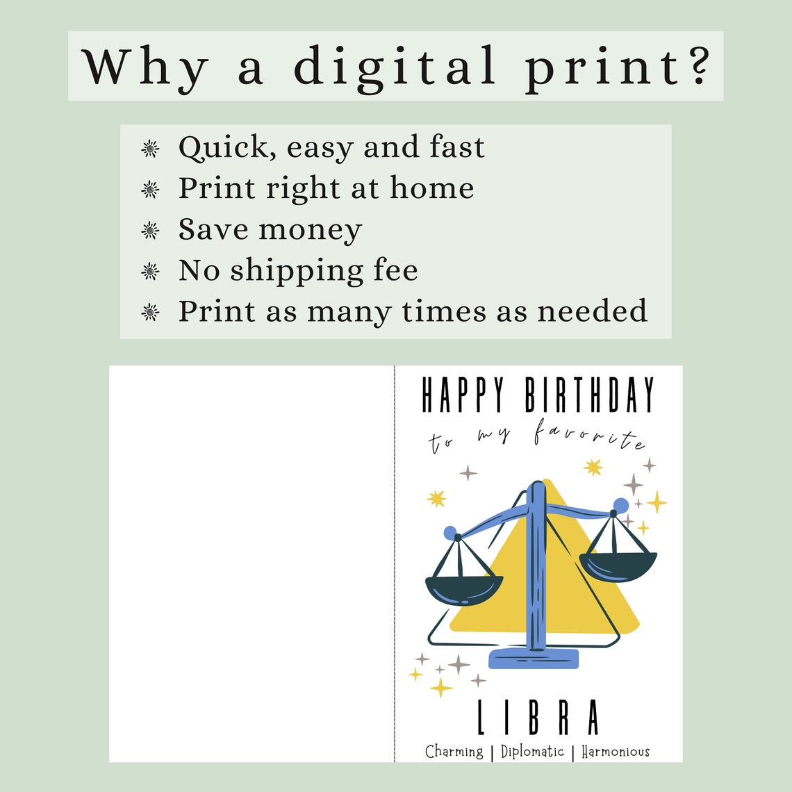 Printable Libra Birthday Card Libra Scales Birthday Gift Libra Zodiac ...