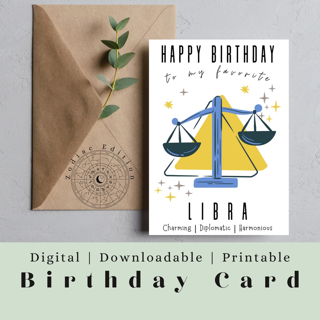 Printable Libra Birthday Card Libra Scales Birthday Gift Libra Zodiac ...