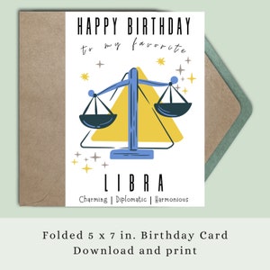 Printable Libra Birthday Card Libra Scales Birthday Gift Libra Zodiac ...