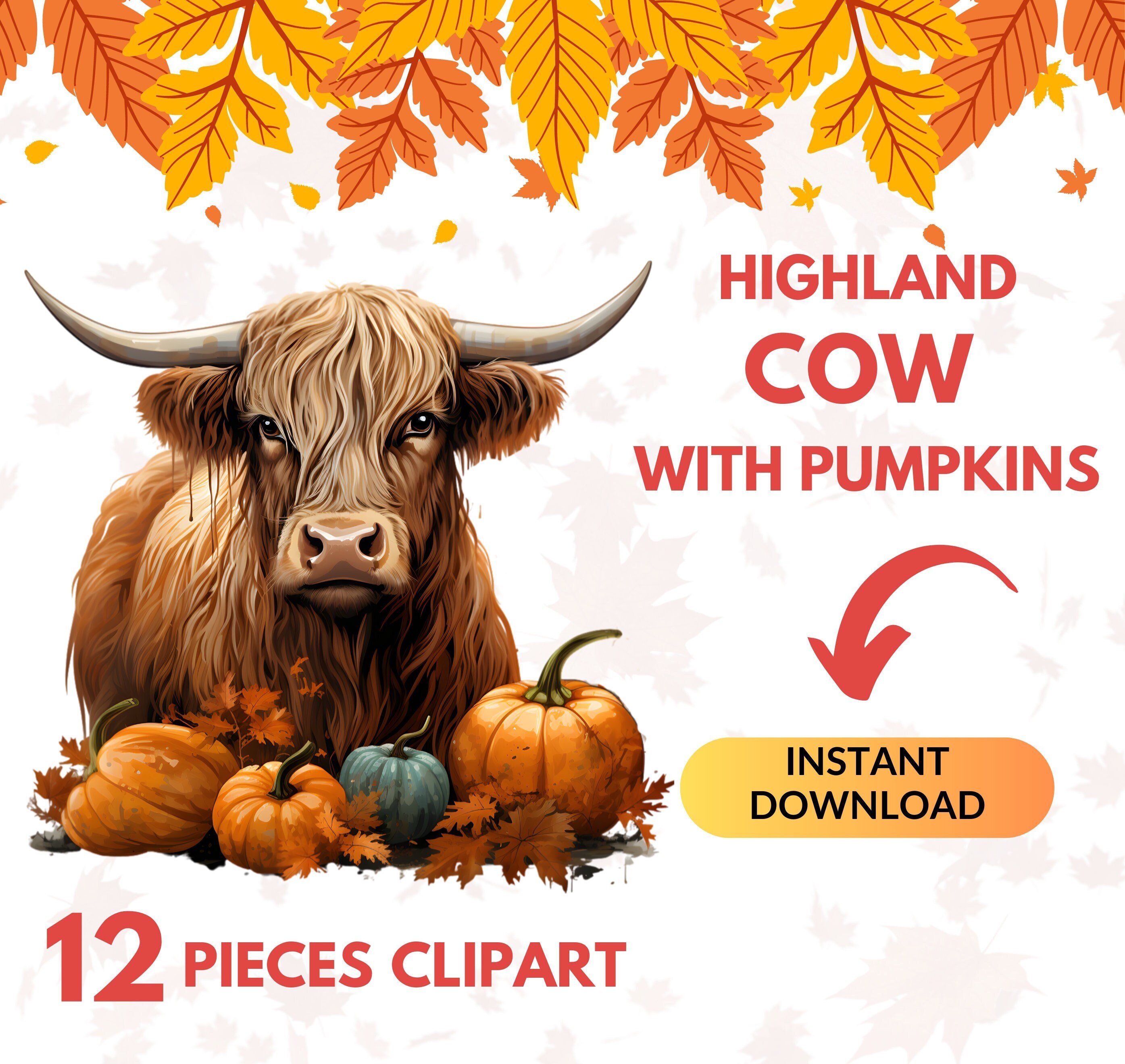 Fall Highland Cow With Pumpkins Watercolor Clipart Bundle - Etsy