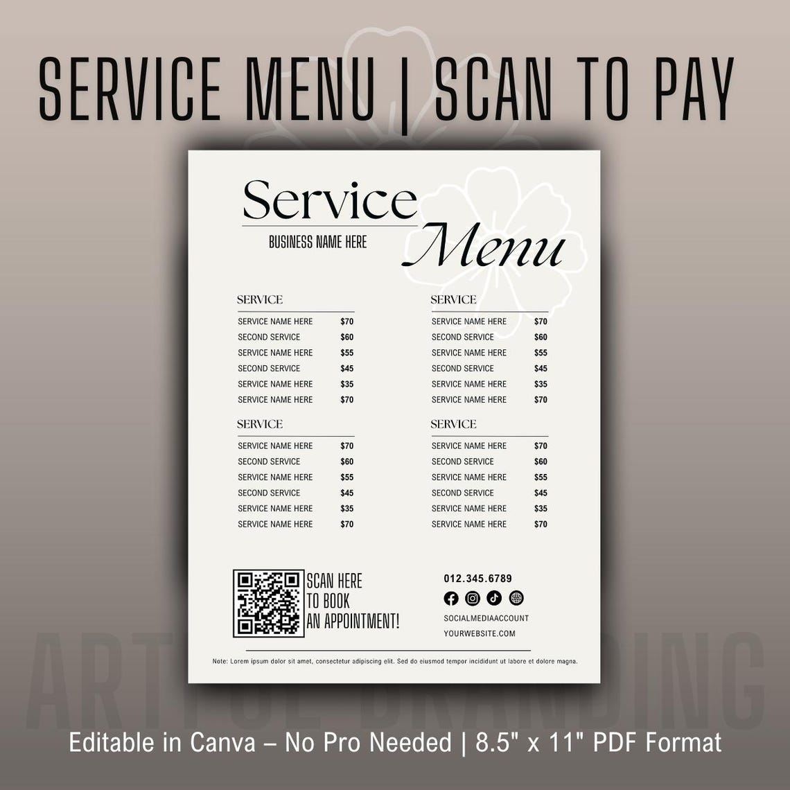 Editable Service Menu & Scan to Pay Sign | Canva Template (printable ...
