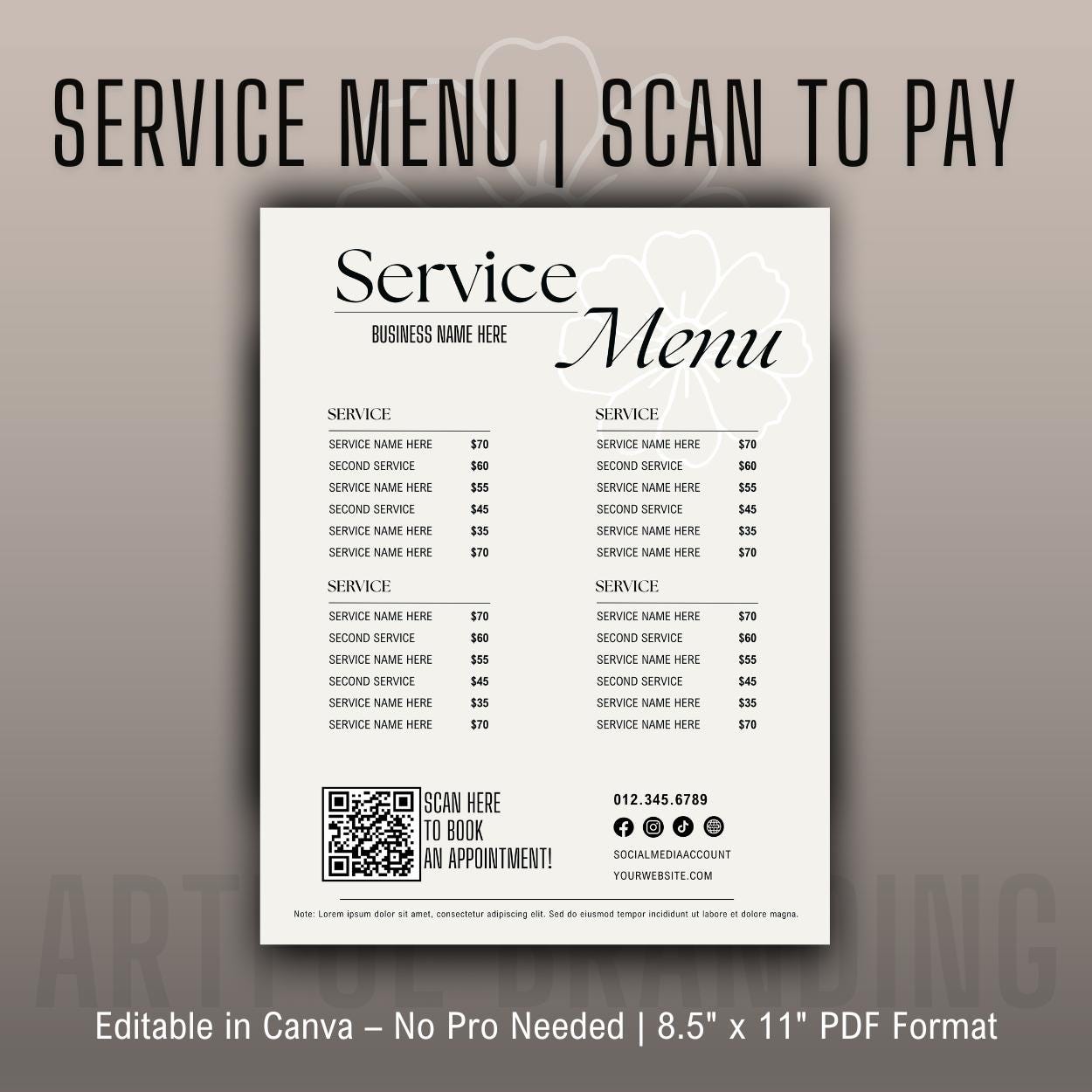 Editable Service Menu & Scan to Pay Sign | Canva Template (printable ...