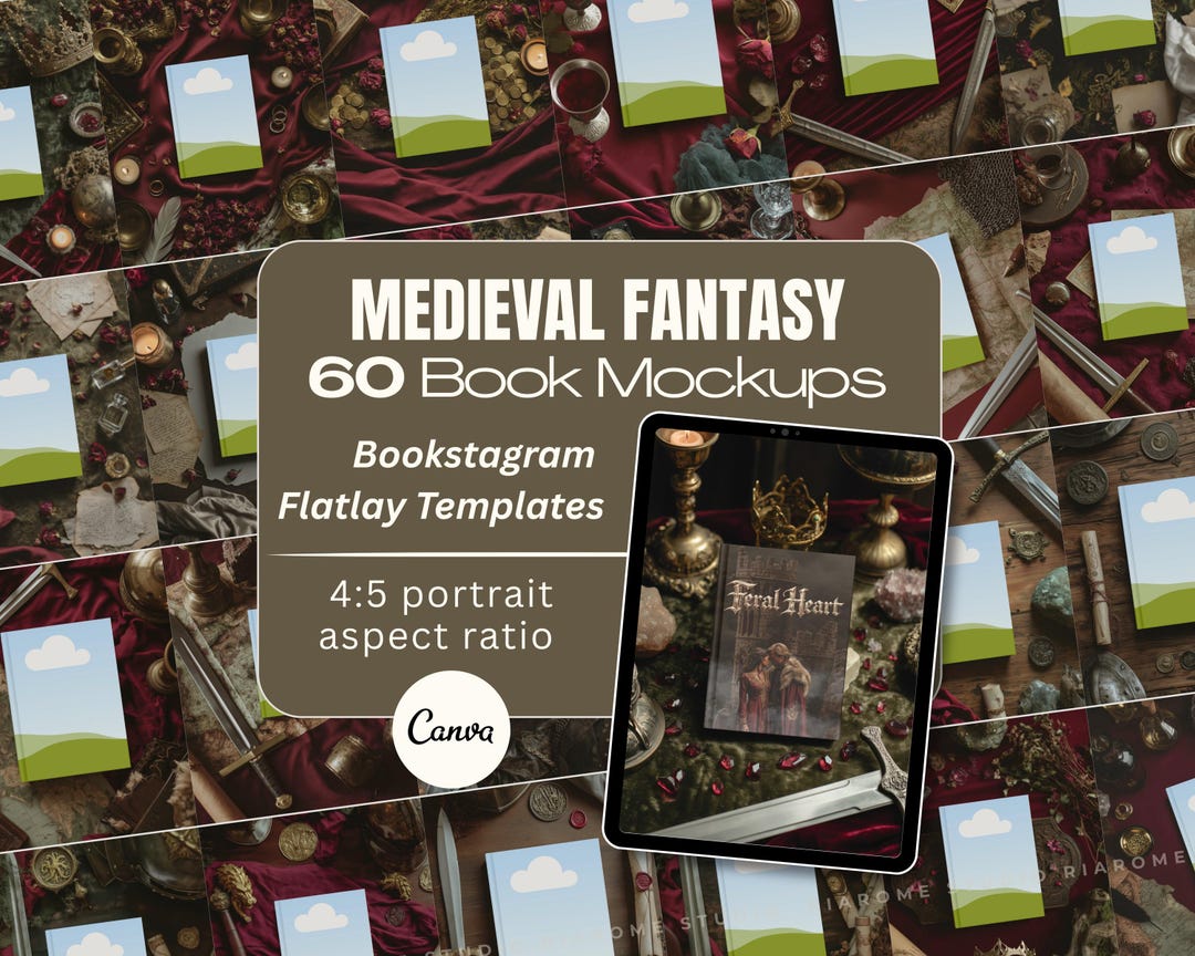 Medieval Fantasy Book Mockups | 60 Canva Flatlay Cinematic Templates ...