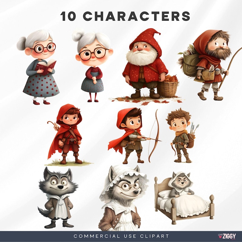 Little Red Riding Hood Clipart Pack With Big Bad Wolf, Huntsman, Forest ...