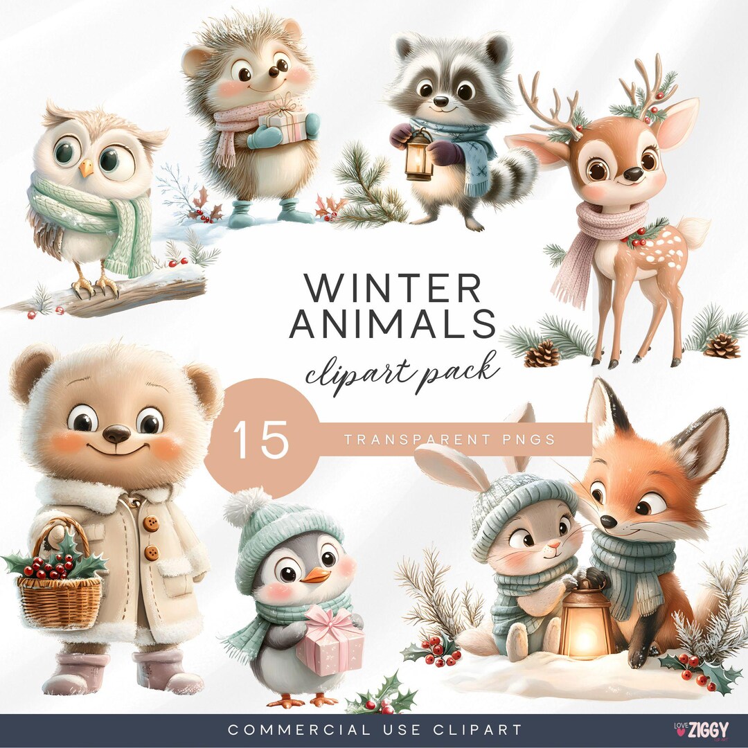 Winter Animals Clipart, Cute Woodland Winter Illustrations, Cozy ...