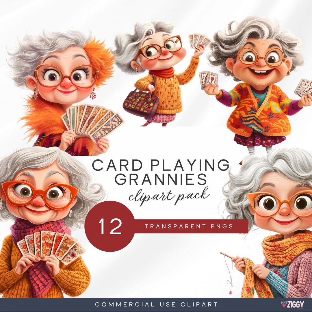 Card Playing Grannies Clipart Set, Cute Granny Pngs, Fun Character ...