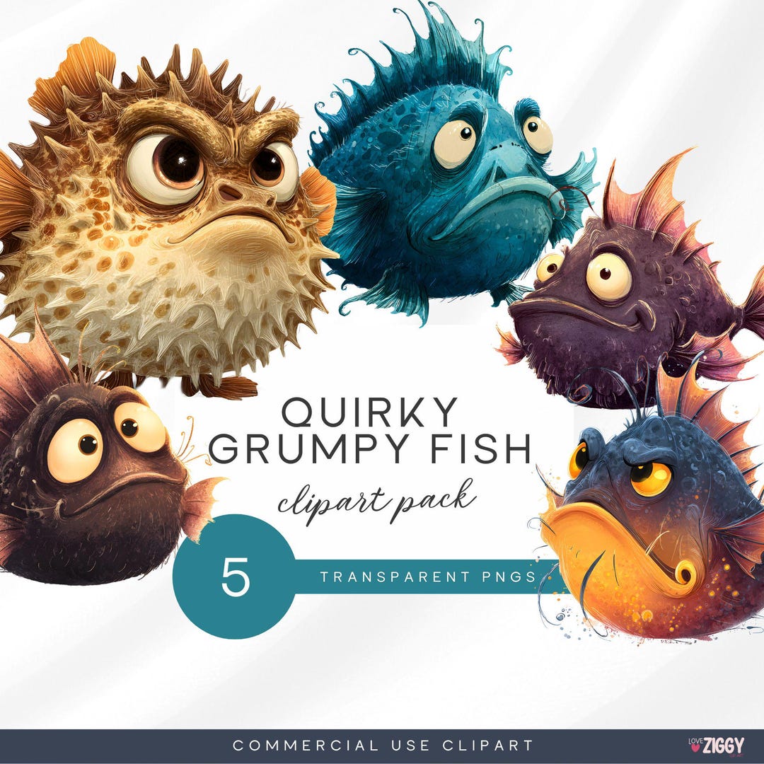 Quirky Grumpy Fish Clipart Set, Funny Ocean Animal Pngs, Moody Sea ...
