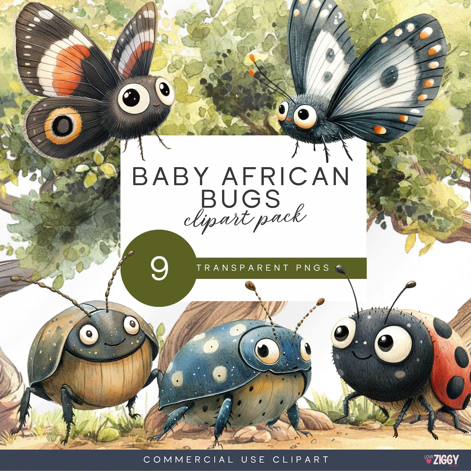 Baby African Bugs Clipart: Watercolor Beetle & Tree Pngs (digital ...