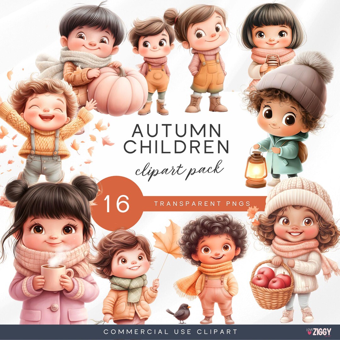 Autumn Kids Clipart Set | Cozy Fall Children PNG | Hygge Illustration ...