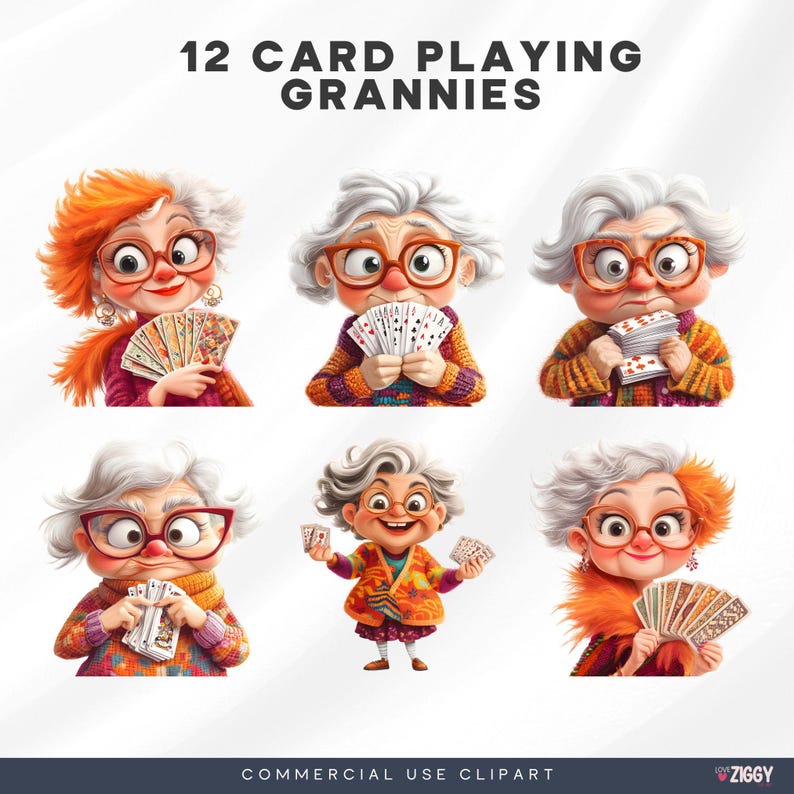 Card Playing Grannies Clipart Set, Cute Granny Pngs, Fun Character ...