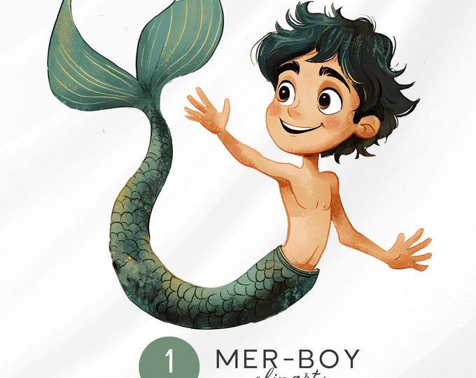 Adorable Merman Clipart Bundle, Watercolor Kid-friendly Mermaid Nursery ...
