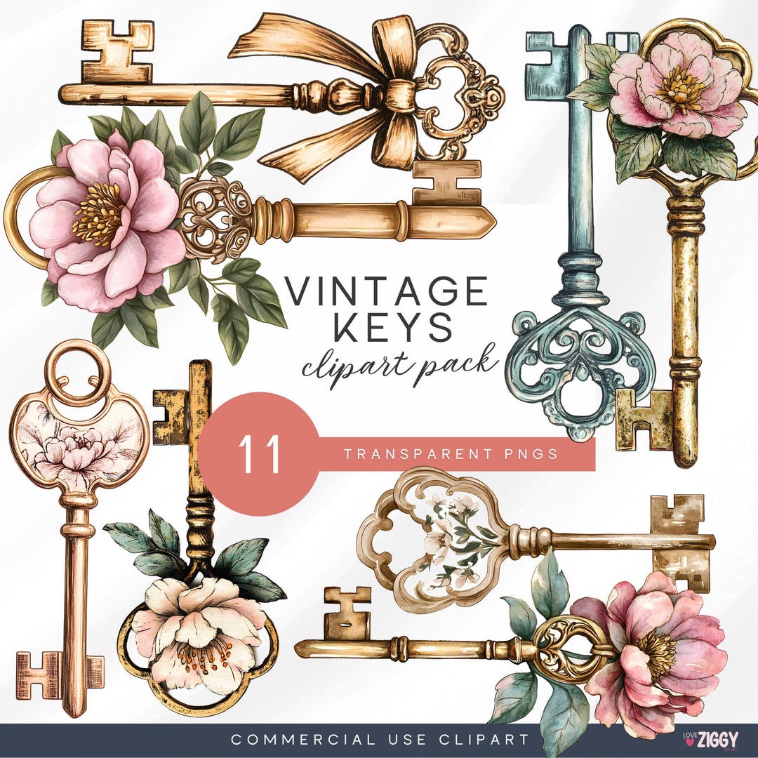 Vintage Skeleton Keys Clipart, Floral Antique Key Illustrations for ...