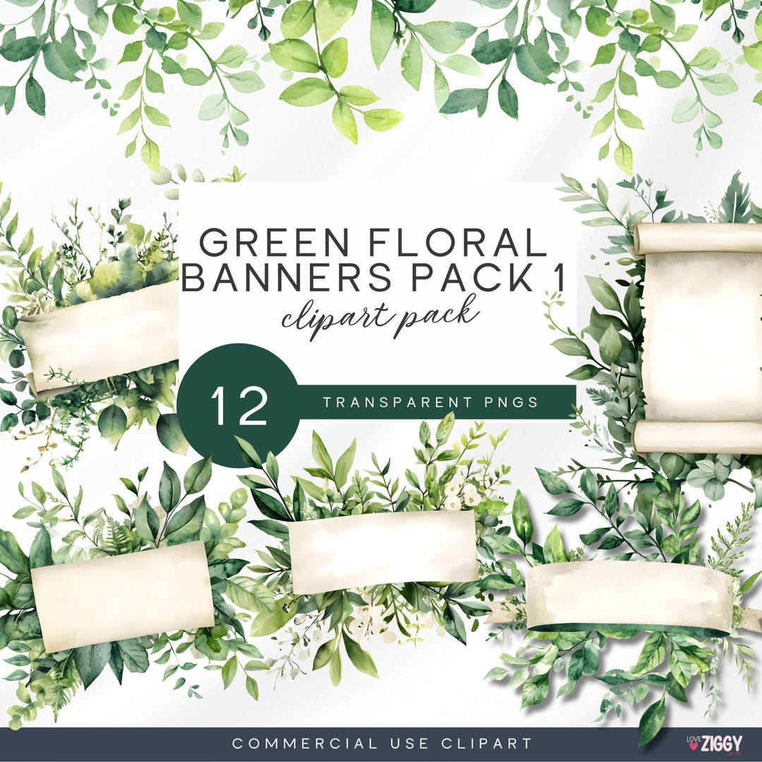 Greenery Scroll Banner Clipart: Watercolor Leaves PNG for Wedding ...