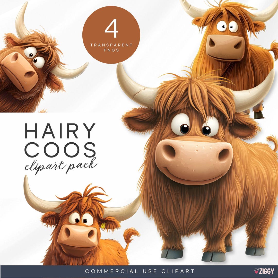 Funny Highland Cow Clipart Bundle: Whimsical Farm Animal PNG Graphics ...