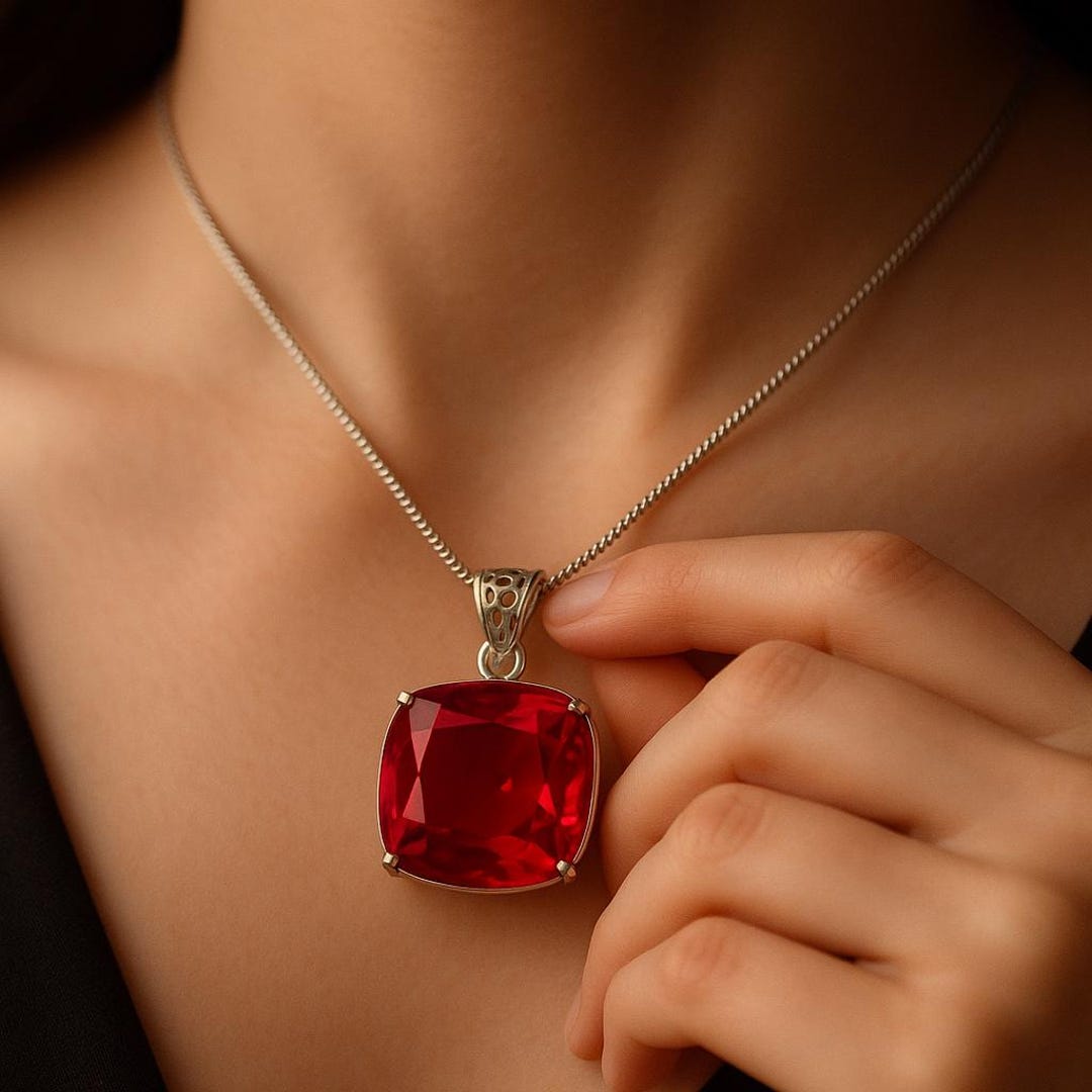 Burmese Ruby Pendant: 90-100 Carat Cushion Cut Sterling Silver Necklace ...