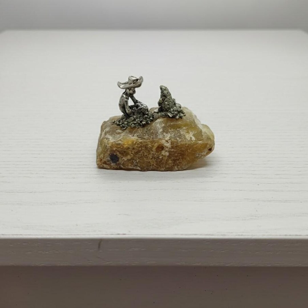 Yellow Calcite Cowboy Sculpture With Pyrite | Desk Crystal Figurine for ...