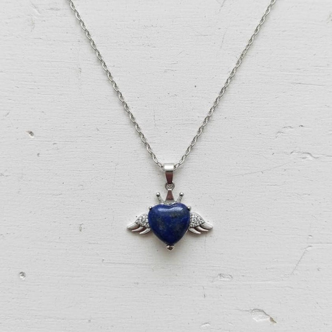 Lapis Lazuli Heart Wings Pendant Necklace – Handmade Blue Gemstone ...