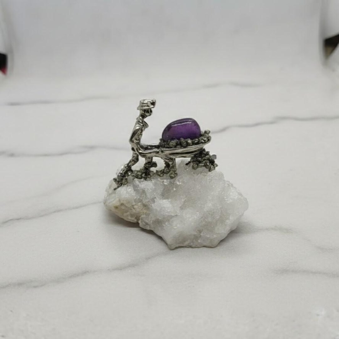 Worker Figurine Sculpture With Amethyst in Cart on White Quartz Base ...