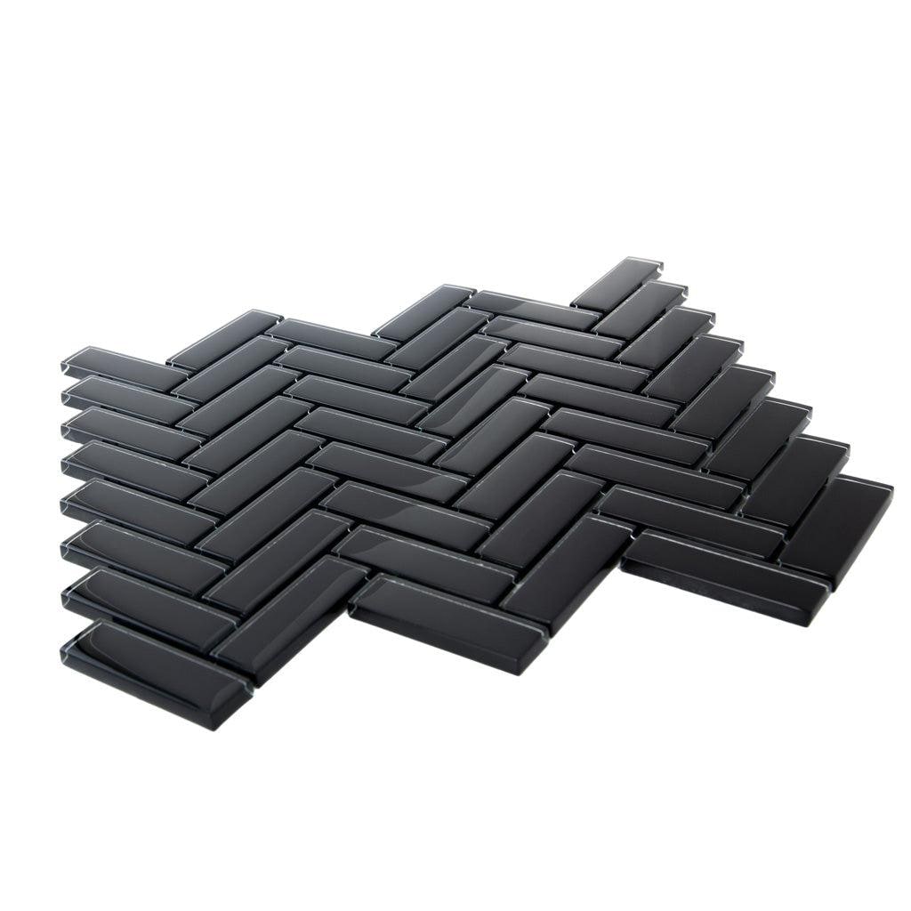 Black 11x13 Glossy Herringbone Glass Mosaic Tile - Etsy