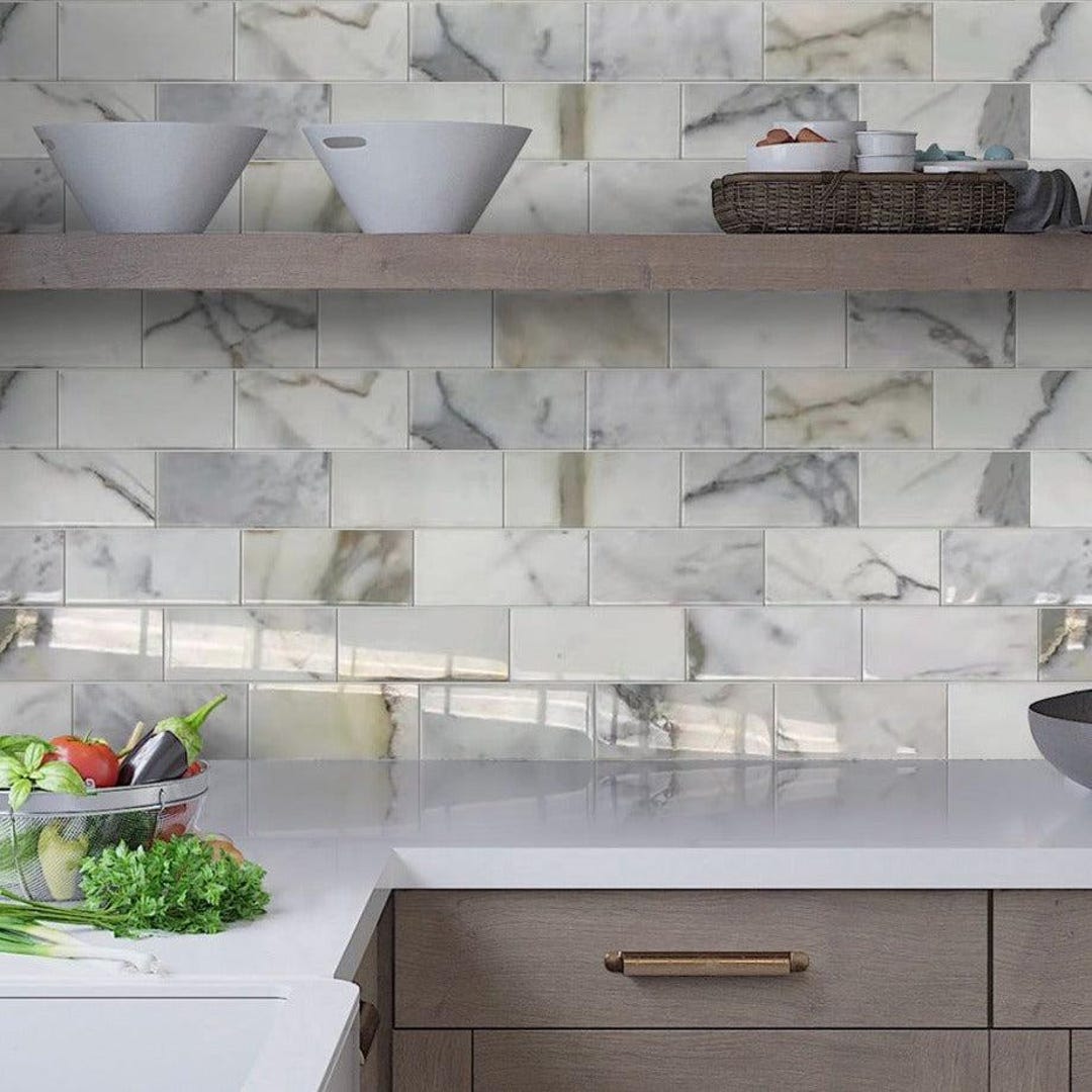 40 Pack White 3 In. X 6 In. Polished Marble Subway Floor and Wall Tile ...