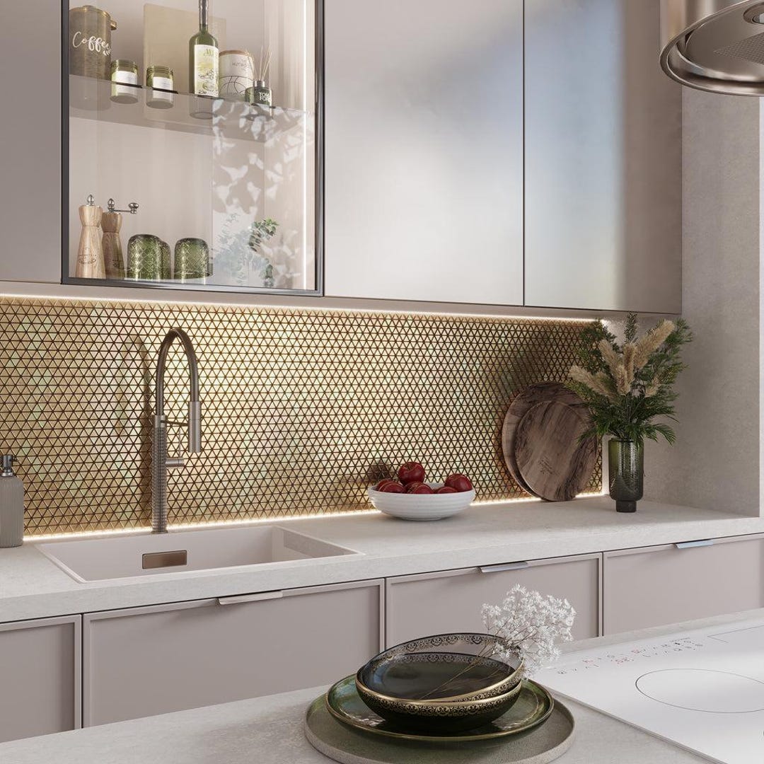 Shimmer Gold 4 X 5 Glossy Uniform Triangle Glass Mosaic Tile - Sample ...