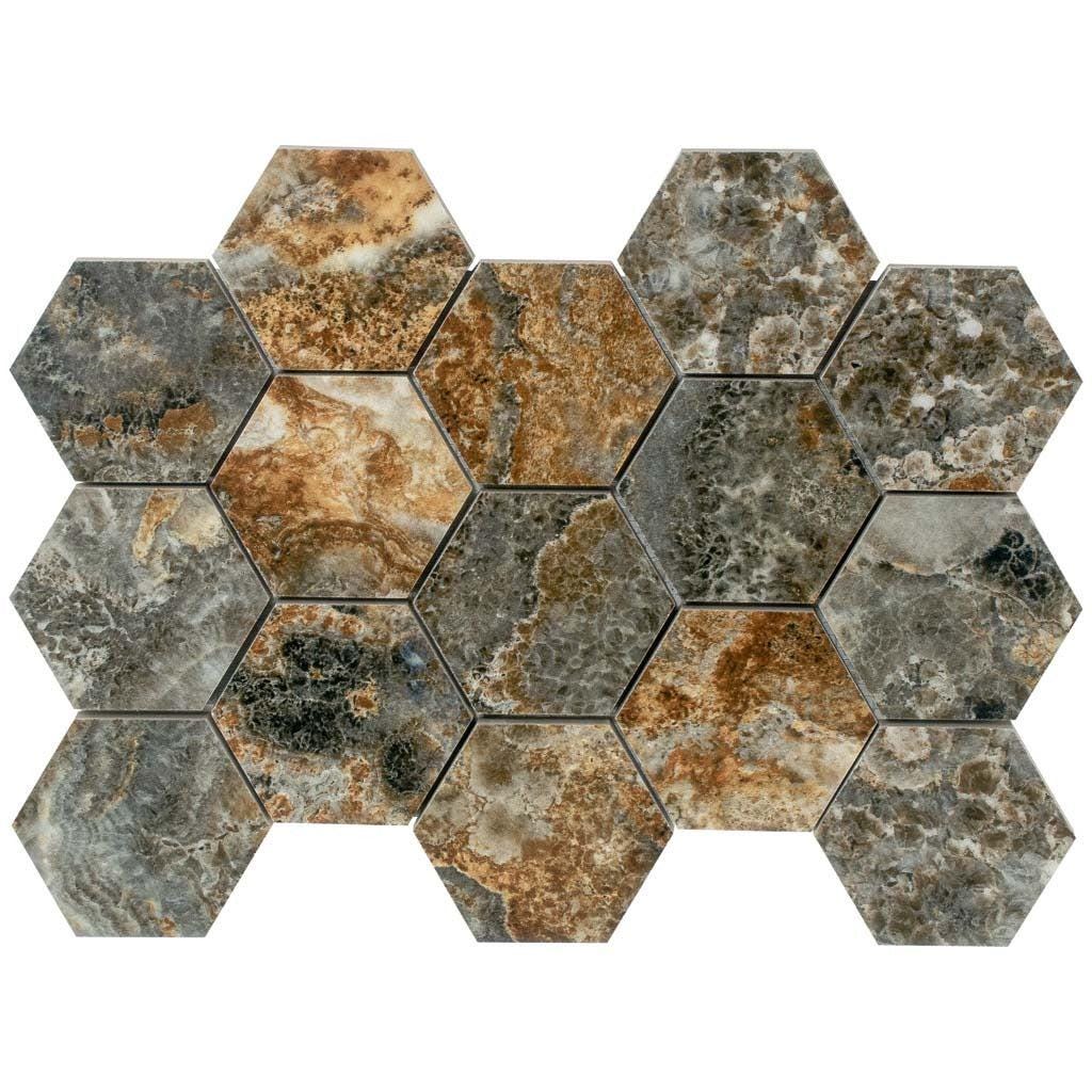 9 Pack Splendor 8.9 In. X 12.8 In. Polished Brown Porcelain Hexagon ...