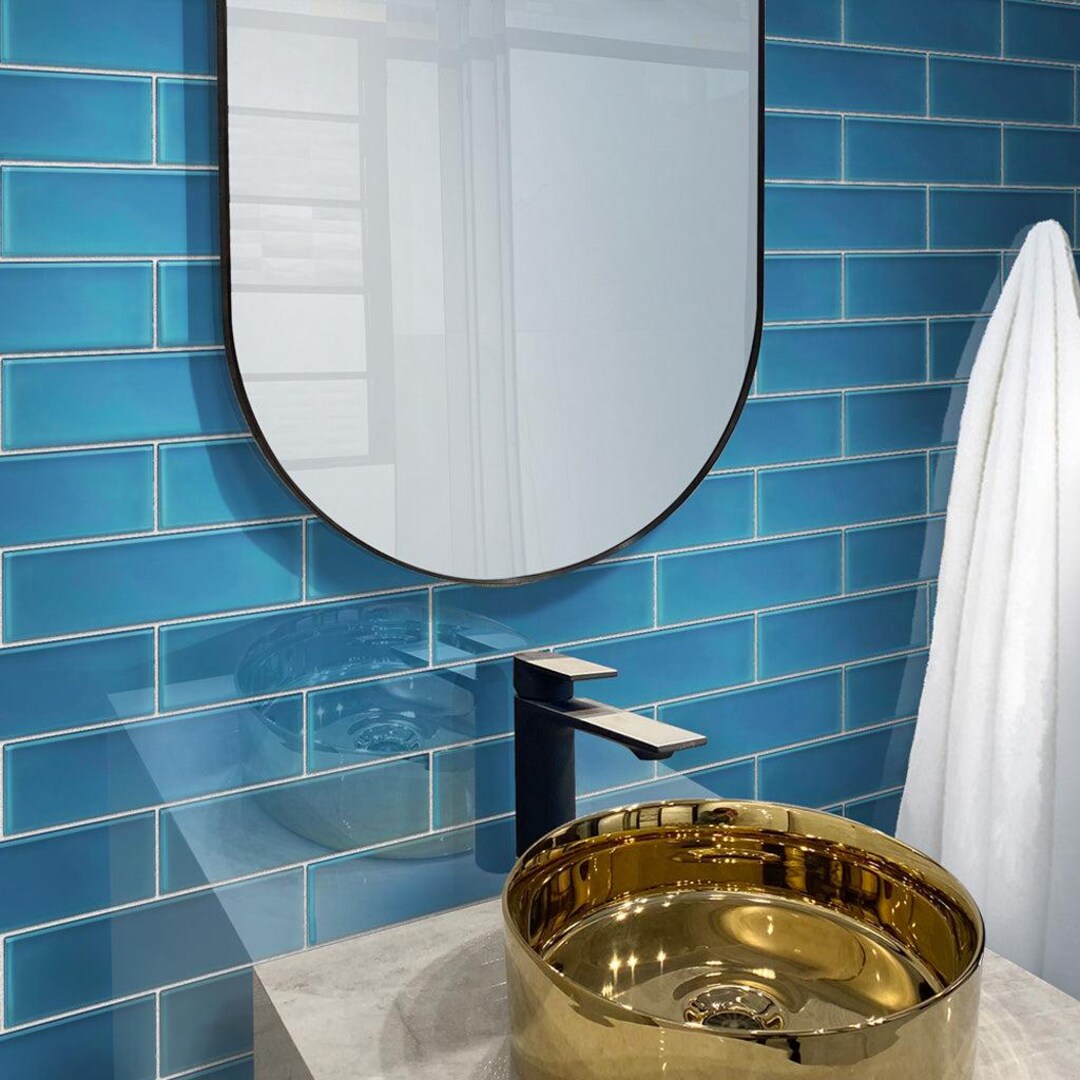 20 Pack Cerulean Blue 3-in. X 12-in. Polished Glass Subway Floor and ...
