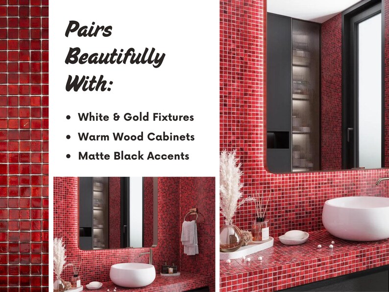 Ruby Red Mosaic Tile Sample – Glossy Glass Tiles for Walls or Floors ...