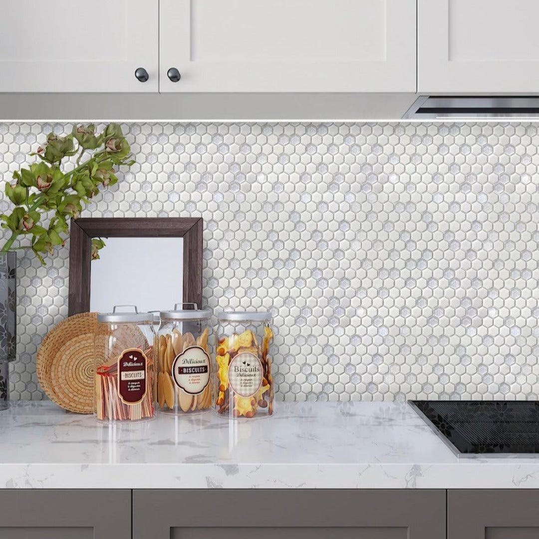 Cotton White 12x12 Matte Glossy Hexagon Recycled Glass Mosaic Tile (5 ...